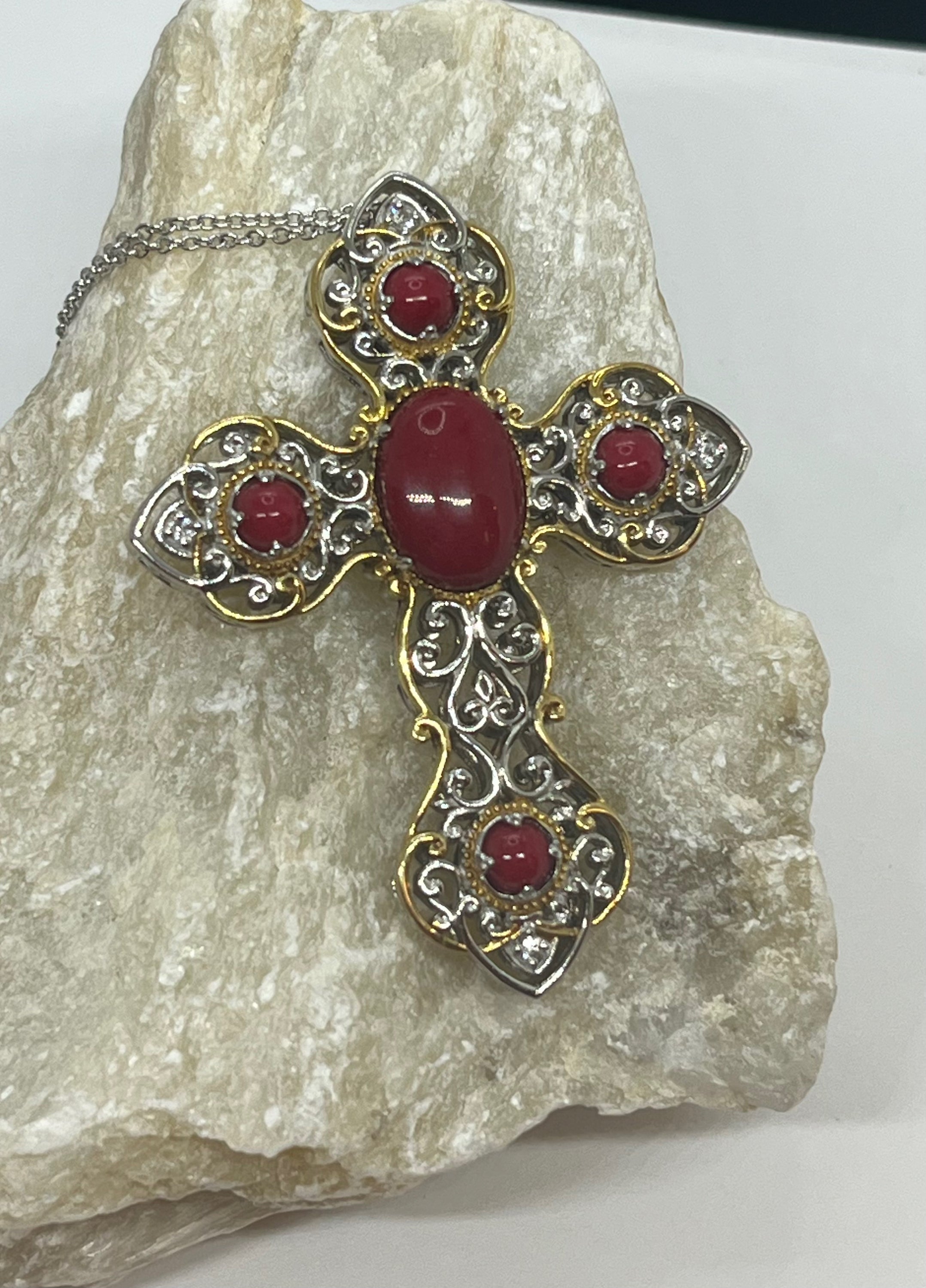 Red Coral & Sterling Cross Necklace | Renaissance Jewelers